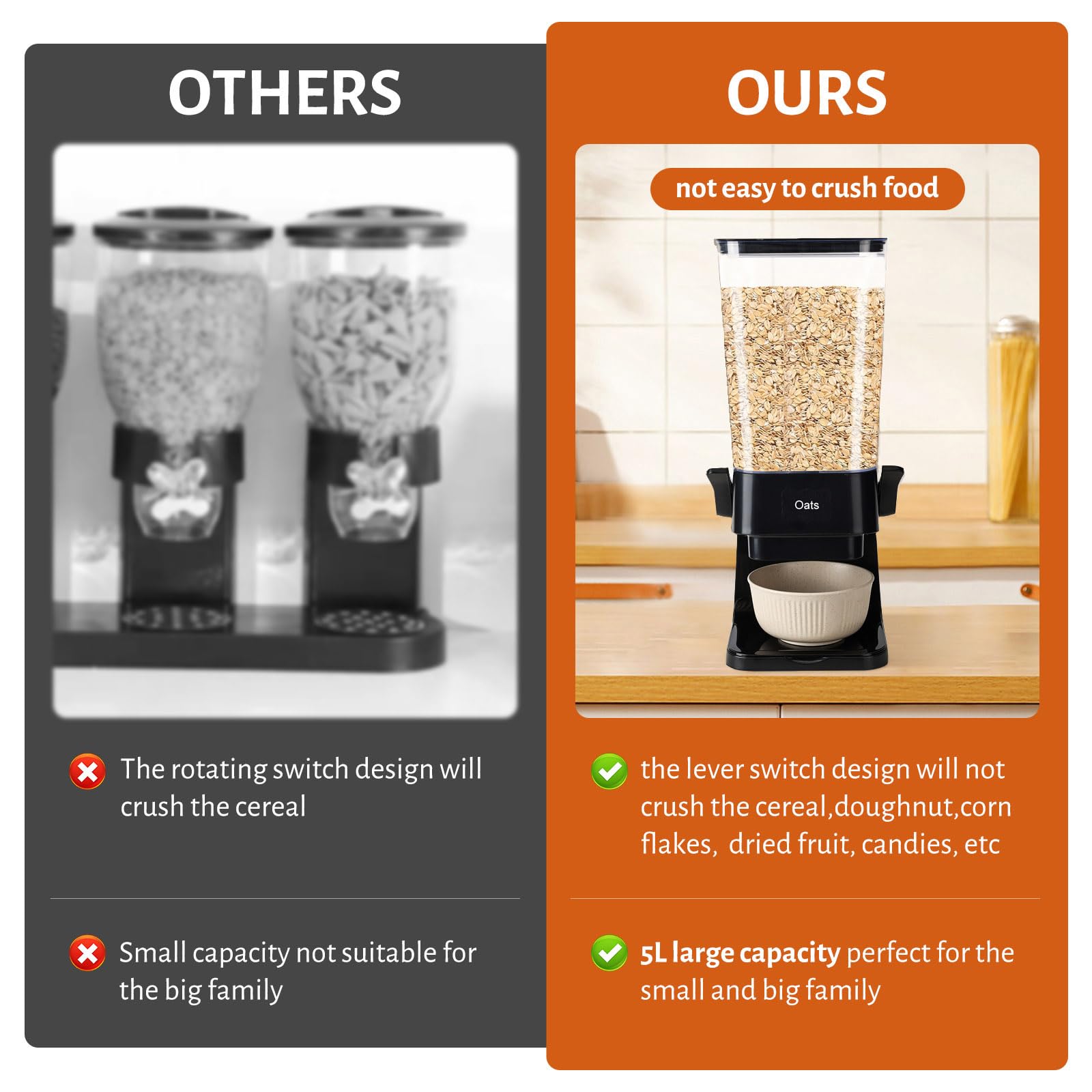 Qozzix Cereal Dispenser Countertop with Cereal Bowls,16 Labels & Pen, Cereal Containers Storage, Candy Dispenser, Dry Food Dispenser For Pantry - Not Easy to Crush Food (Black, 2 Pack)