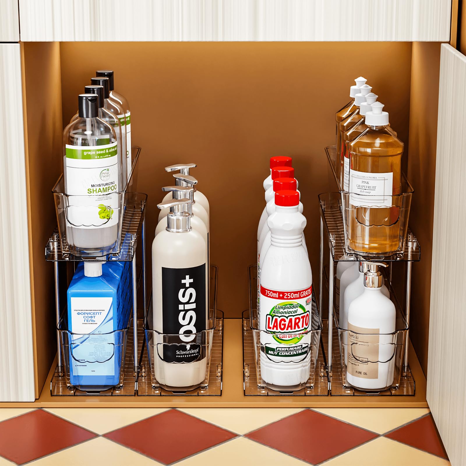 14.8" Deep 2 Set 2 Tier Under Sink Organizers and Storage,5.1” Narrow Pull Out Bathroom Cabinet Organizer for Kitchen,Pantry Organizer,Cleaning Products Organizer and Medicine Cabinet Storage,Clear