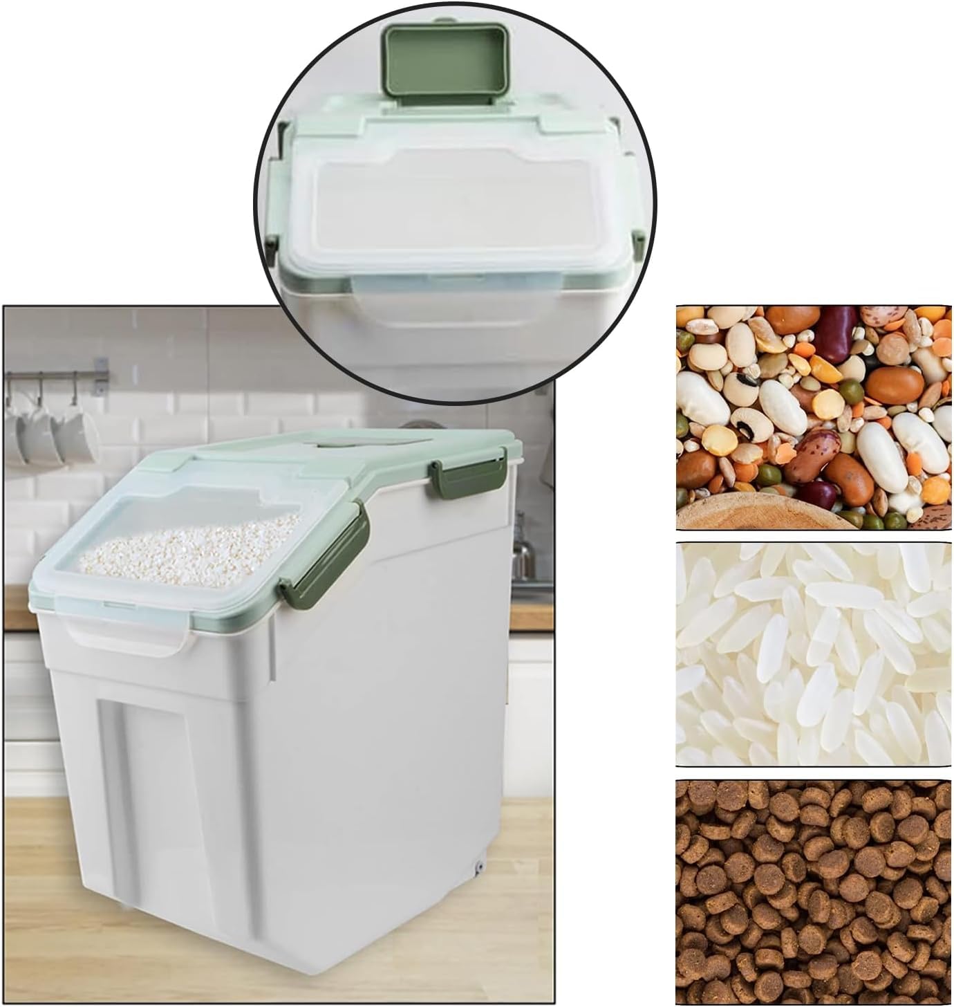 YXQ 25LB Large Flour Storage Container Bin,4 Pack Airtight Plastic with Wheels Seal Locking Lid Dispenser Organizer Storage Bin with Measuring Cup & Scoop for Flour, Rice, Grain 100LBS Total,Green