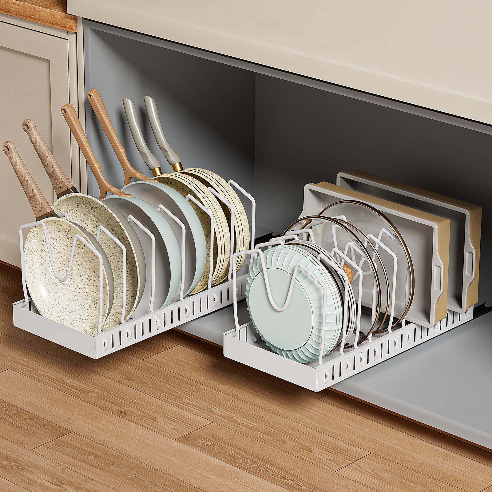 GoMaihe Pull-out Pots and Pans Organizer 2 Pack - Under Cabinet Pot Lid Holder for Kitchen - Bakeware & Dishes Storage Rack with Slide Rails - Multi-purpose Silde-out Drawer - Easy to Clean - White