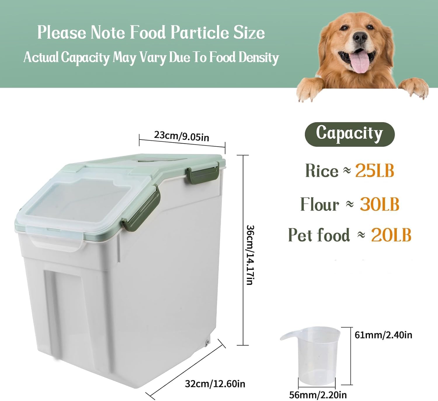 YXQ 25LB Large Flour Storage Container Bin,4 Pack Airtight Plastic with Wheels Seal Locking Lid Dispenser Organizer Storage Bin with Measuring Cup & Scoop for Flour, Rice, Grain 100LBS Total,Green