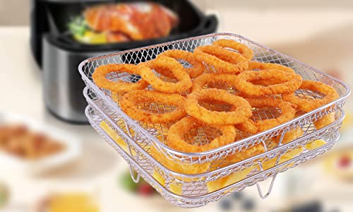 RAMLLY 8 inch Air Fryer Rack for Instant Vortex Fryer,Philips,COSORI Fryer,Square Three Stackable Racks,Stainless Steel Multi-Layer Dehydrator Rack,Air Accessories