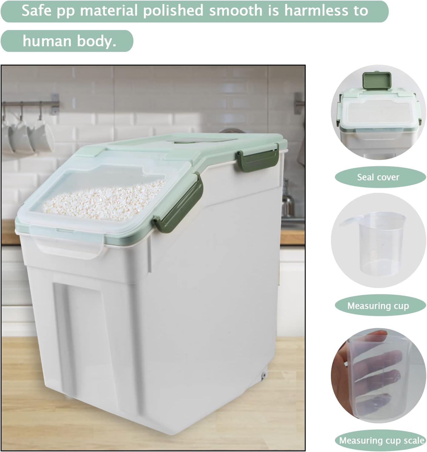 YXQ 25LB Large Flour Storage Container Bin,4 Pack Airtight Plastic with Wheels Seal Locking Lid Dispenser Organizer Storage Bin with Measuring Cup & Scoop for Flour, Rice, Grain 100LBS Total,Green