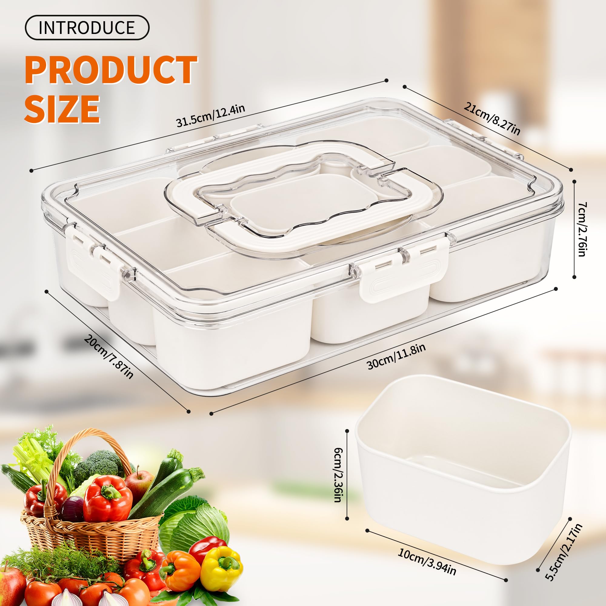 EUGRSHL Divided Serving Tray with Lid and Handle, Fresh Food Storage Container Organizer for Fruits, Vegetables, Salads, Meal Prep (White)