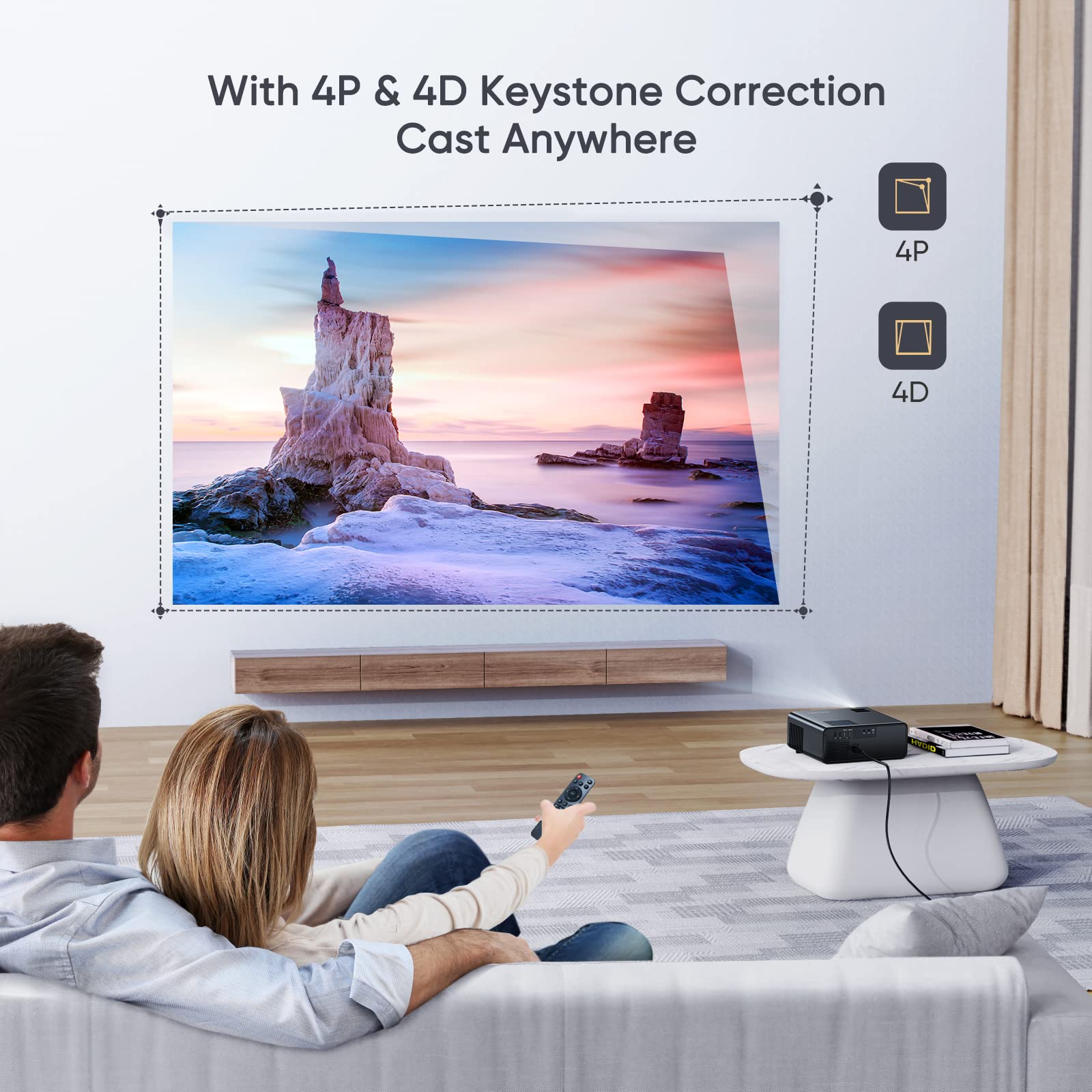 5G WiFi Bluetooth Projector, TOPTRO TR22 Outdoor Projector 4K Supported, 480 ANSI Lumen, Smart Touch Keys, 4D/4P Keystone Correction, Full Sealed Optical Movie Projector Compatible with iOS/Android