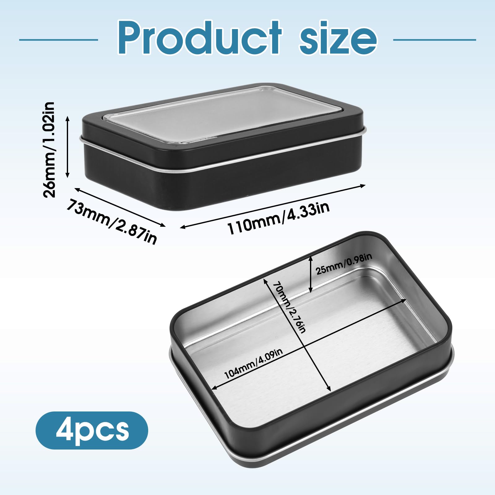 Metal Hinged Tin Box Container, 4 Pieces Rectangular Tin Box Small Storage Box Metal Stash Box Empty Tin Boxes with Removable Clear Window Lid for Candy Jewelry Beads Key Crafts Storage, Black
