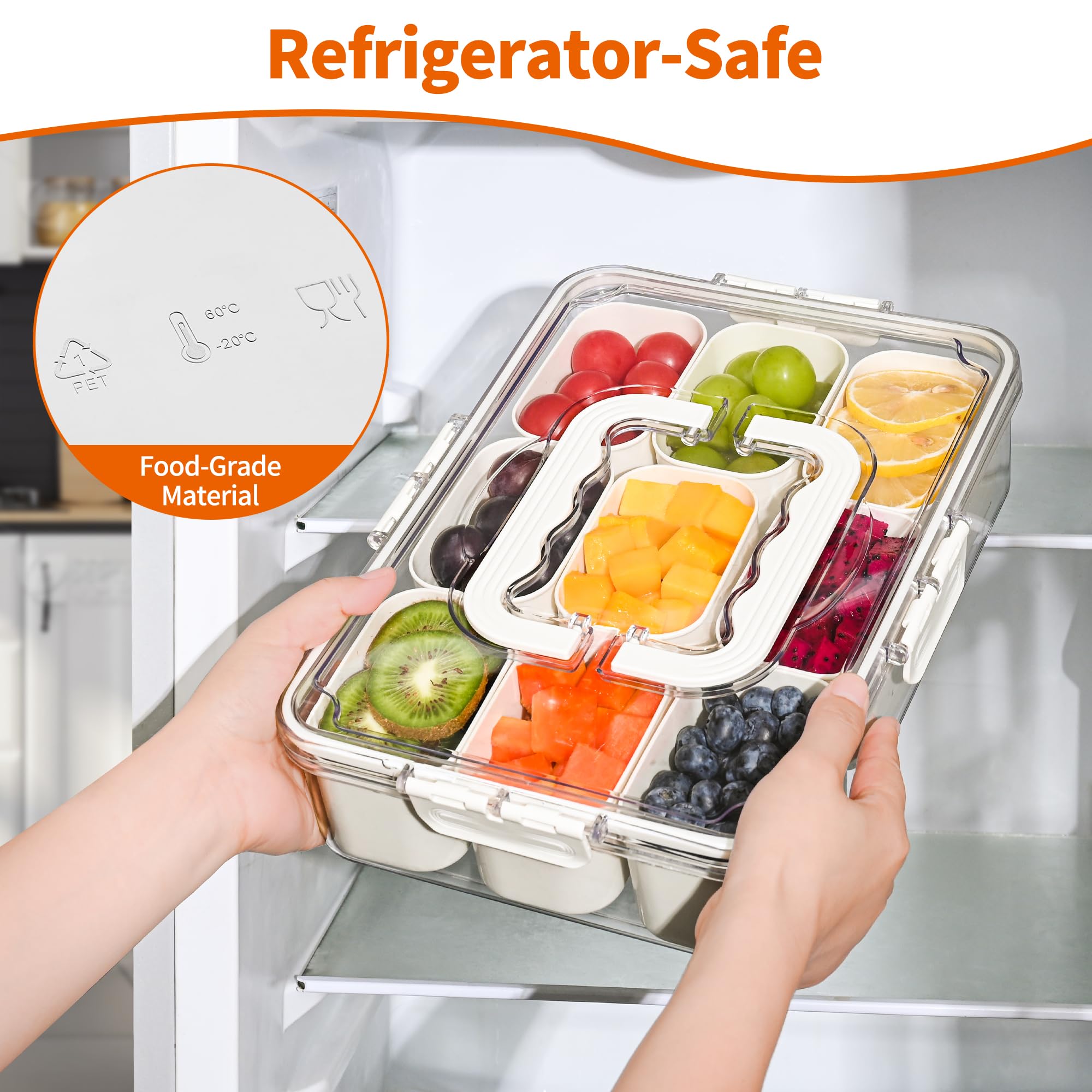 EUGRSHL Divided Serving Tray with Lid and Handle, Fresh Food Storage Container Organizer for Fruits, Vegetables, Salads, Meal Prep (White)