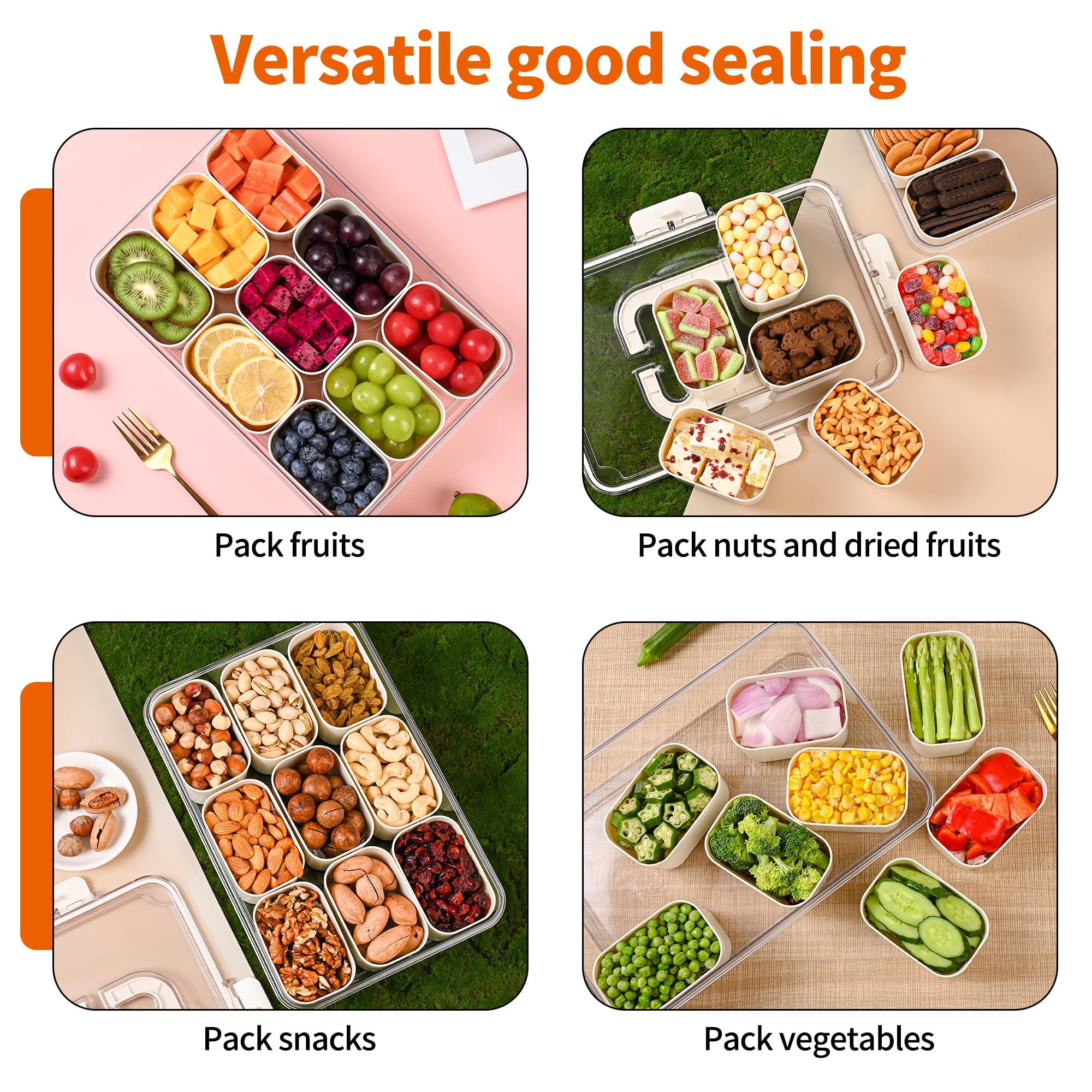 EUGRSHL Divided Serving Tray with Lid and Handle, Fresh Food Storage Container Organizer for Fruits, Vegetables, Salads, Meal Prep (White)