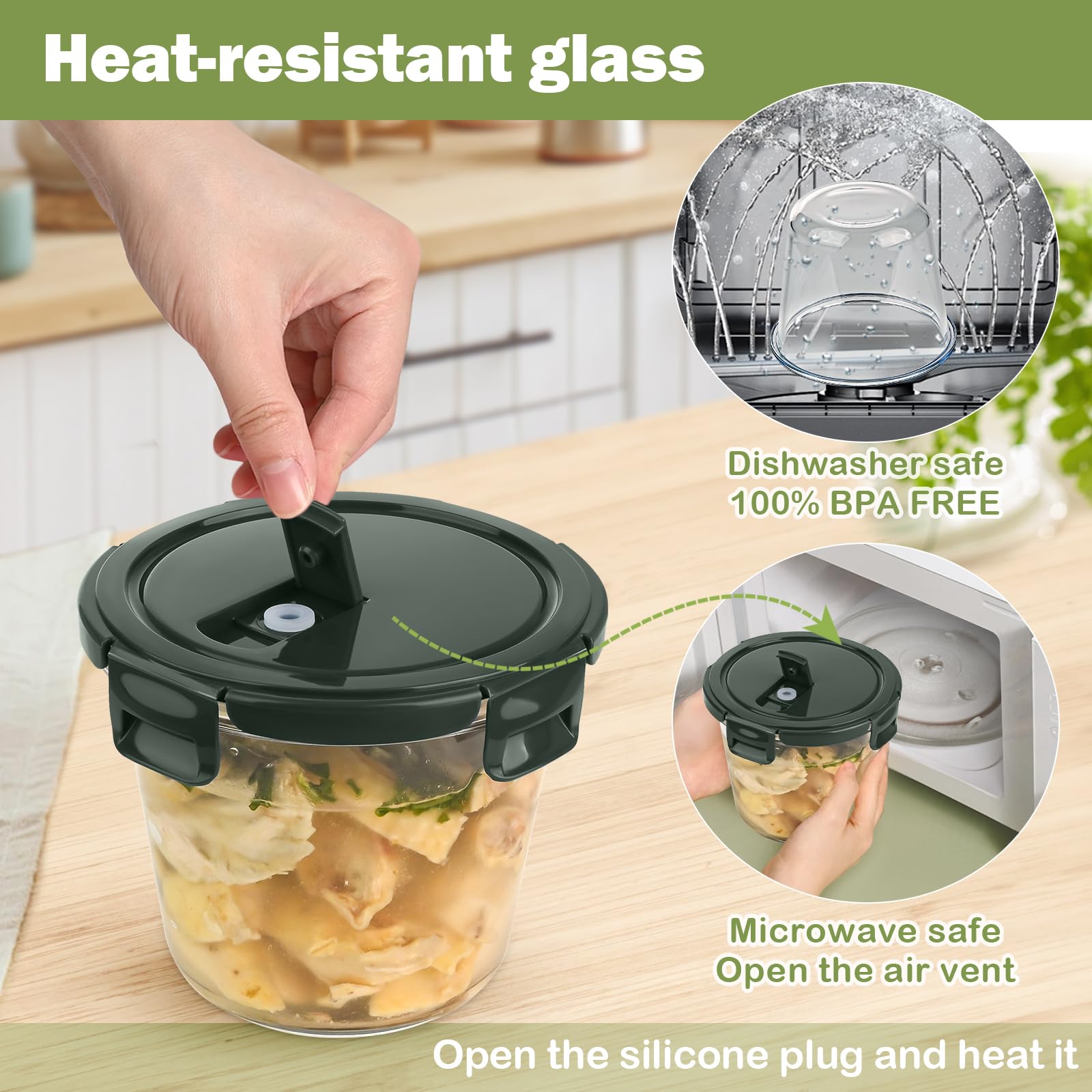 Glass Soup Container with Lid, 3-Cup Glass Soup Meal Prep Bowl with Lid, Glass Food Freezer Storage Container for Soup Tupperware Microwavable, Dark Green 1 Pack