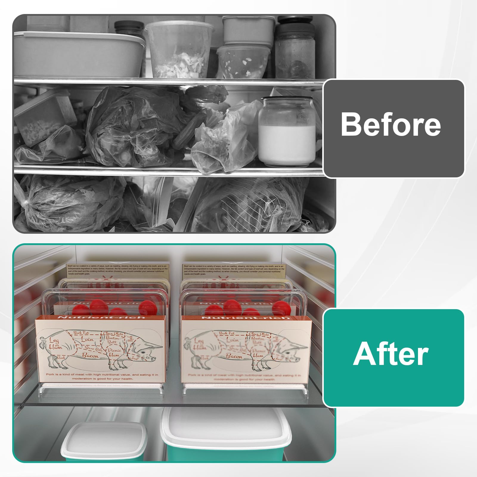 VANSHINIEER Freezer Organizer Bins, 12" Freezer Rack Fridge Organizer with Adjustable Dividers and Handles for Frozen Food Box and Meal Storage, BPA-Free Refrigerator Organization and Storage