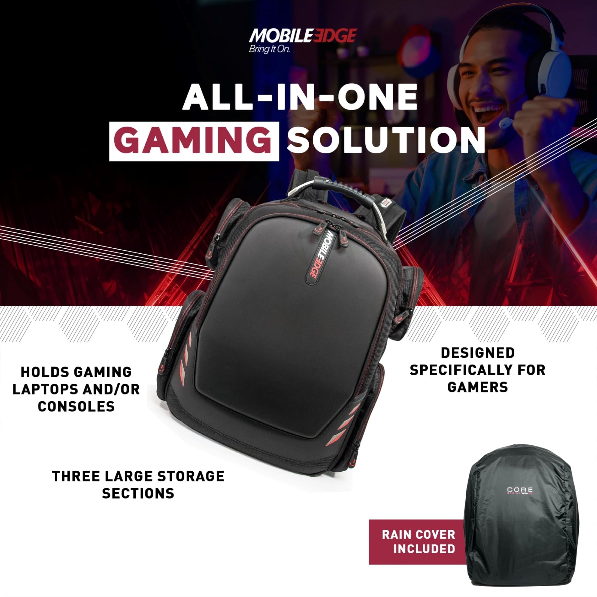 Mobile Edge Core Gaming Laptop Backpack, Molded Front Panel, 17 - 18 Inch, External USB 3.0 Quick-Charge Port and Built-in Charging Cable ScanFast TSA Checkpoint Friendly Black w/Red Trim MECGBP1