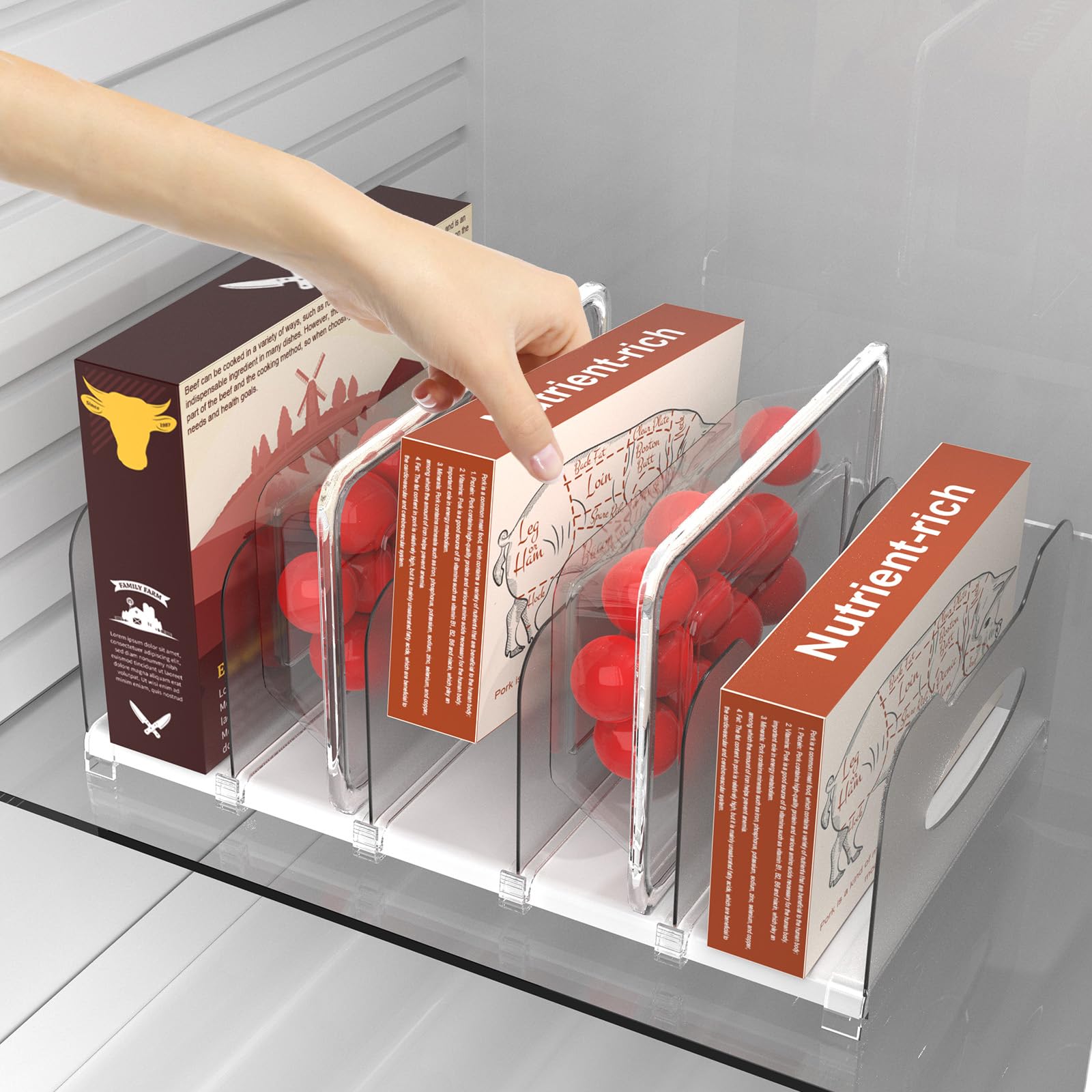 VANSHINIEER Freezer Organizer Bins, 12" Freezer Rack Fridge Organizer with Adjustable Dividers and Handles for Frozen Food Box and Meal Storage, BPA-Free Refrigerator Organization and Storage