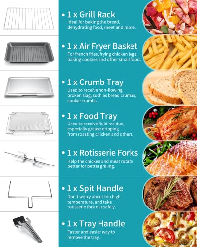 Ultrean Air Fryer Toaster Oven Combo, 32 Quart Convection Oven Countertop with Rotisserie, Toaster, Dehydrator, Bake, 7 Accessories & 50 Recipes, Silv