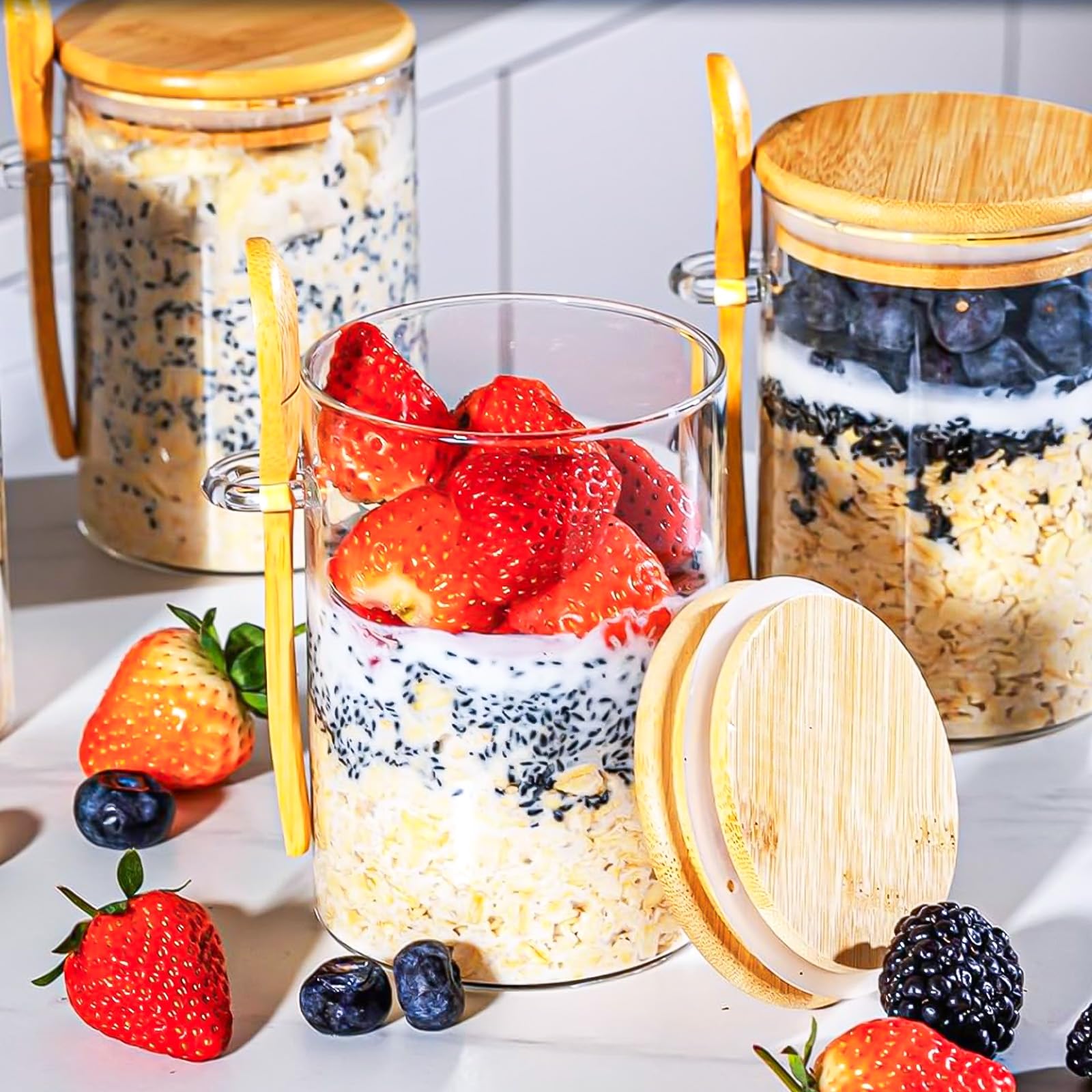 Linkidea 4 Pack Minimalist Overnight Oats Jar Set, 18.5 oz Rectangular Glass Containers with Lid and Spoon, Air Insulated Meal Prep Containers for Oats/Yogurt/Cereals Storage