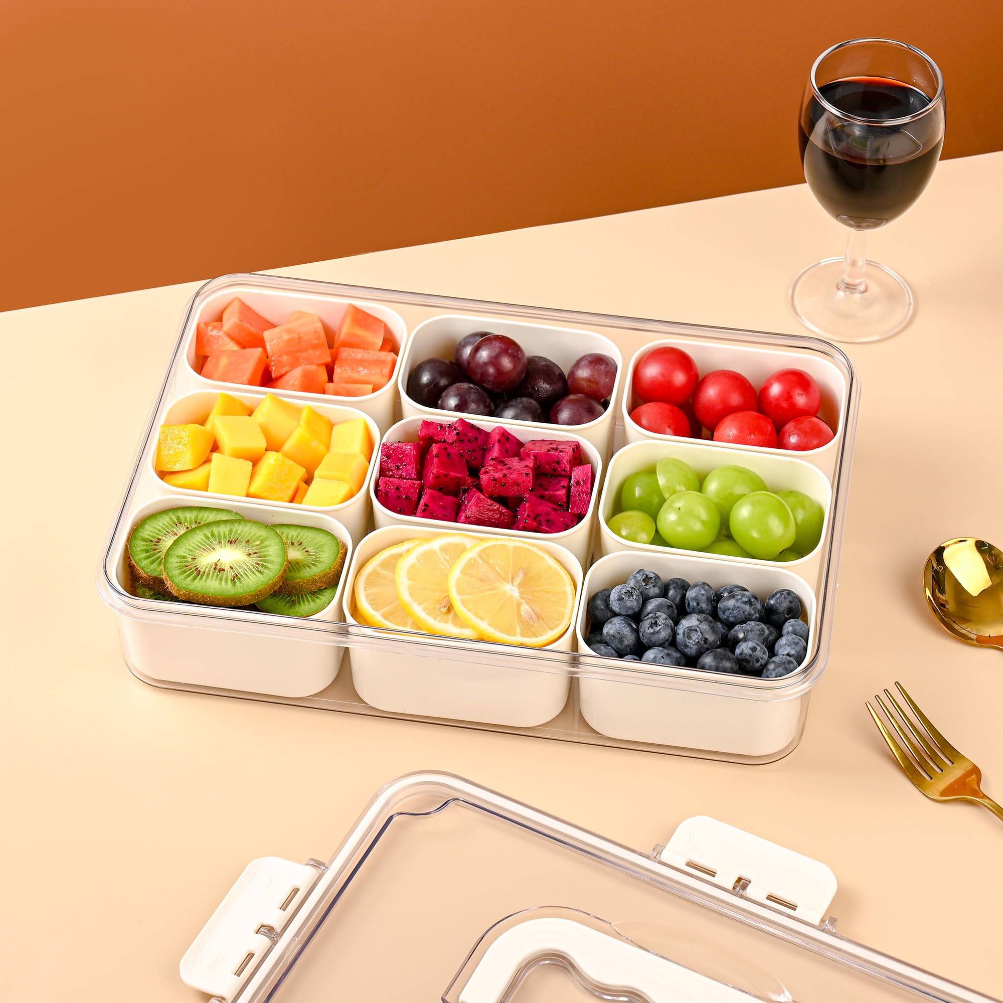 EUGRSHL Divided Serving Tray with Lid and Handle, Fresh Food Storage Container Organizer for Fruits, Vegetables, Salads, Meal Prep (White)