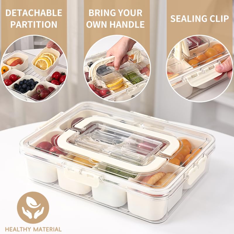 SNEKZ ๐ฎ ๐ฃ๐ฎ๐ฐ๐ธ Divided Serving Tray with Lid and Handle, 8 Compartments Portable Snackle Box Container for Fruit, Veggies,Clear Snack Containers for Kids and Adult, Perfect for Travel, Picnic