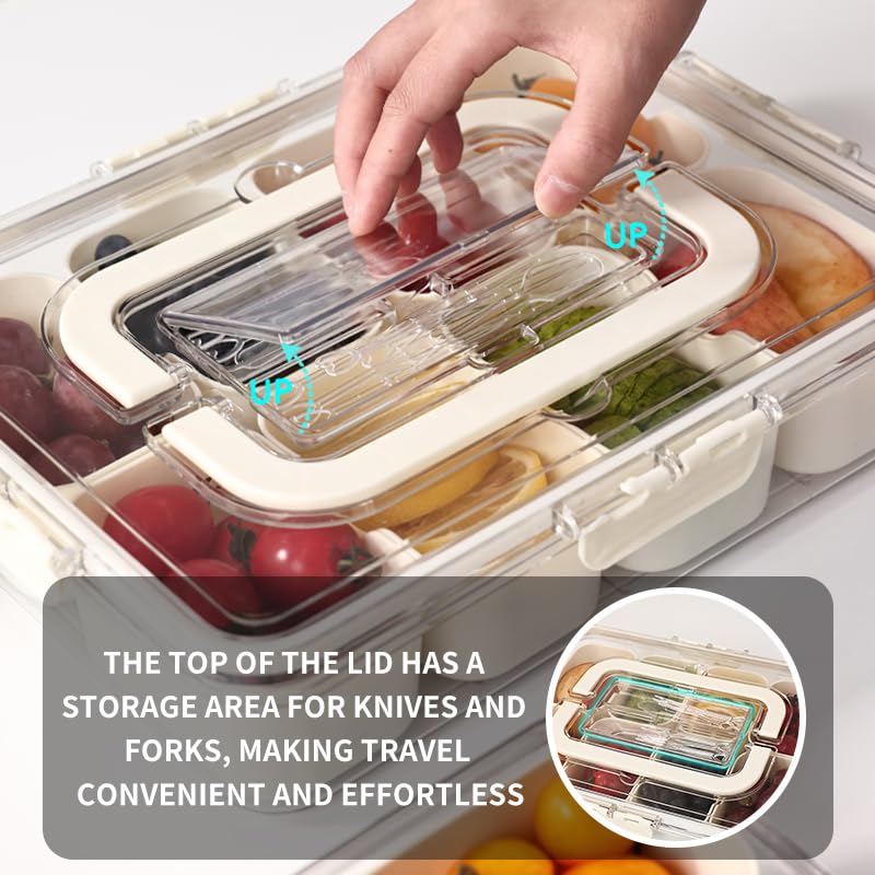 SNEKZ ๐ฎ ๐ฃ๐ฎ๐ฐ๐ธ Divided Serving Tray with Lid and Handle, 8 Compartments Portable Snackle Box Container for Fruit, Veggies,Clear Snack Containers for Kids and Adult, Perfect for Travel, Picnic