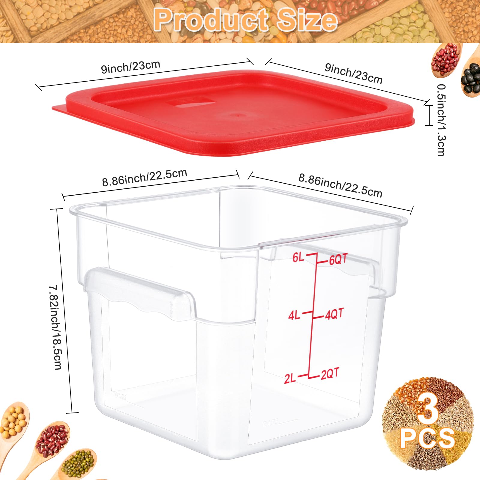 Ziliny 3 Sets 6 Qt Square Food Storage Containers with Lids Commercial Polycarbonate Containers with Scale Clear Airtight Cereal for Pantry Home Restaurant