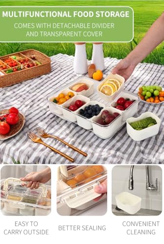 SNEKZ ๐ฎ ๐ฃ๐ฎ๐ฐ๐ธ Divided Serving Tray with Lid and Handle, 8 Compartments Portable Snackle Box Container for Fruit, Veggies,Clear Snack Containers for Kids and Adult, Perfect for Travel, Picnic