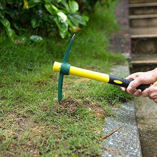 KINJOEK Pick Mattock Hoe, Forged Weeding Garden Pick Axe with 15 Inch Fiberglass Handle for Loosening Soil, Gardening, Camping or Prospecting