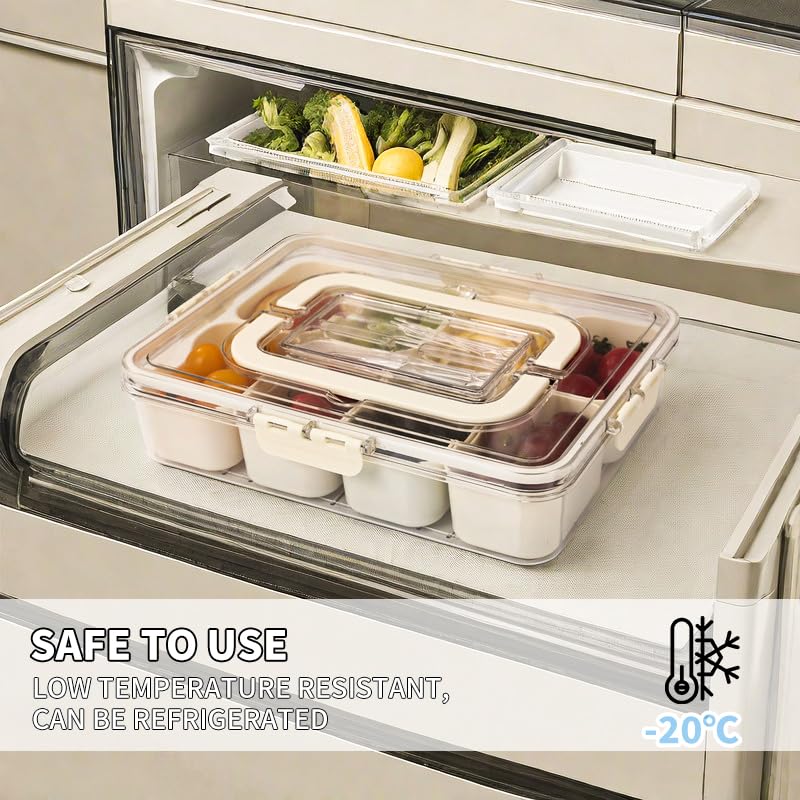 SNEKZ ๐ฎ ๐ฃ๐ฎ๐ฐ๐ธ Divided Serving Tray with Lid and Handle, 8 Compartments Portable Snackle Box Container for Fruit, Veggies,Clear Snack Containers for Kids and Adult, Perfect for Travel, Picnic
