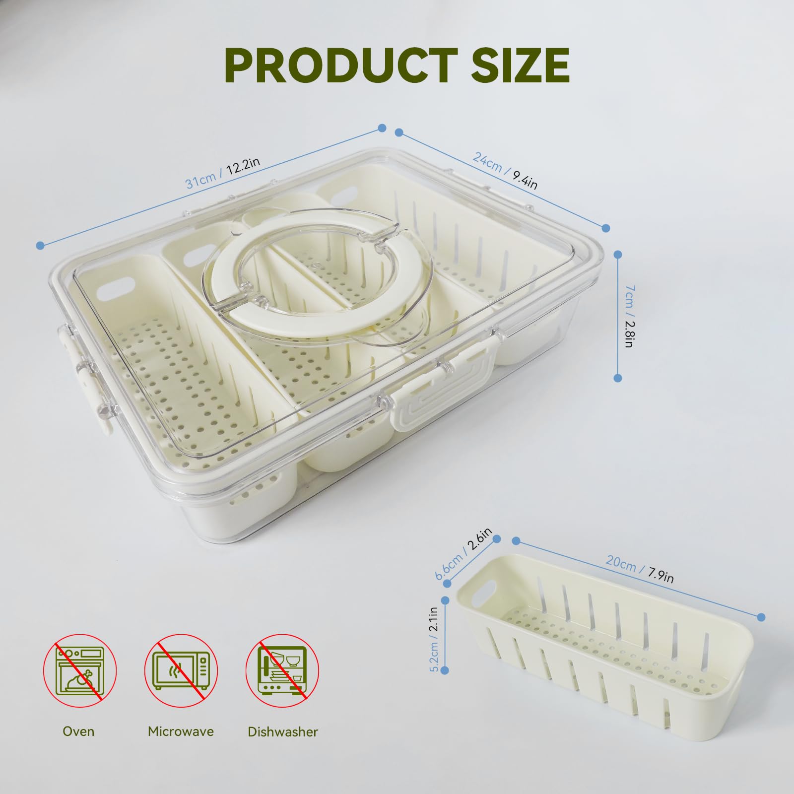LEEHEZLY Food Storage Container for Fridge, Portable White Plastic BPA-free Box, Divided Serving Tray with Lids and Handle, Keep Fruits and Vegetables Fresh with 4 Removable Colanders (Short)