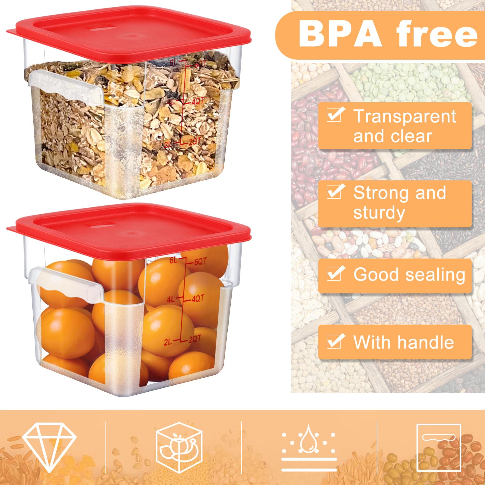 Ziliny 3 Sets 6 Qt Square Food Storage Containers with Lids Commercial Polycarbonate Containers with Scale Clear Airtight Cereal for Pantry Home Restaurant