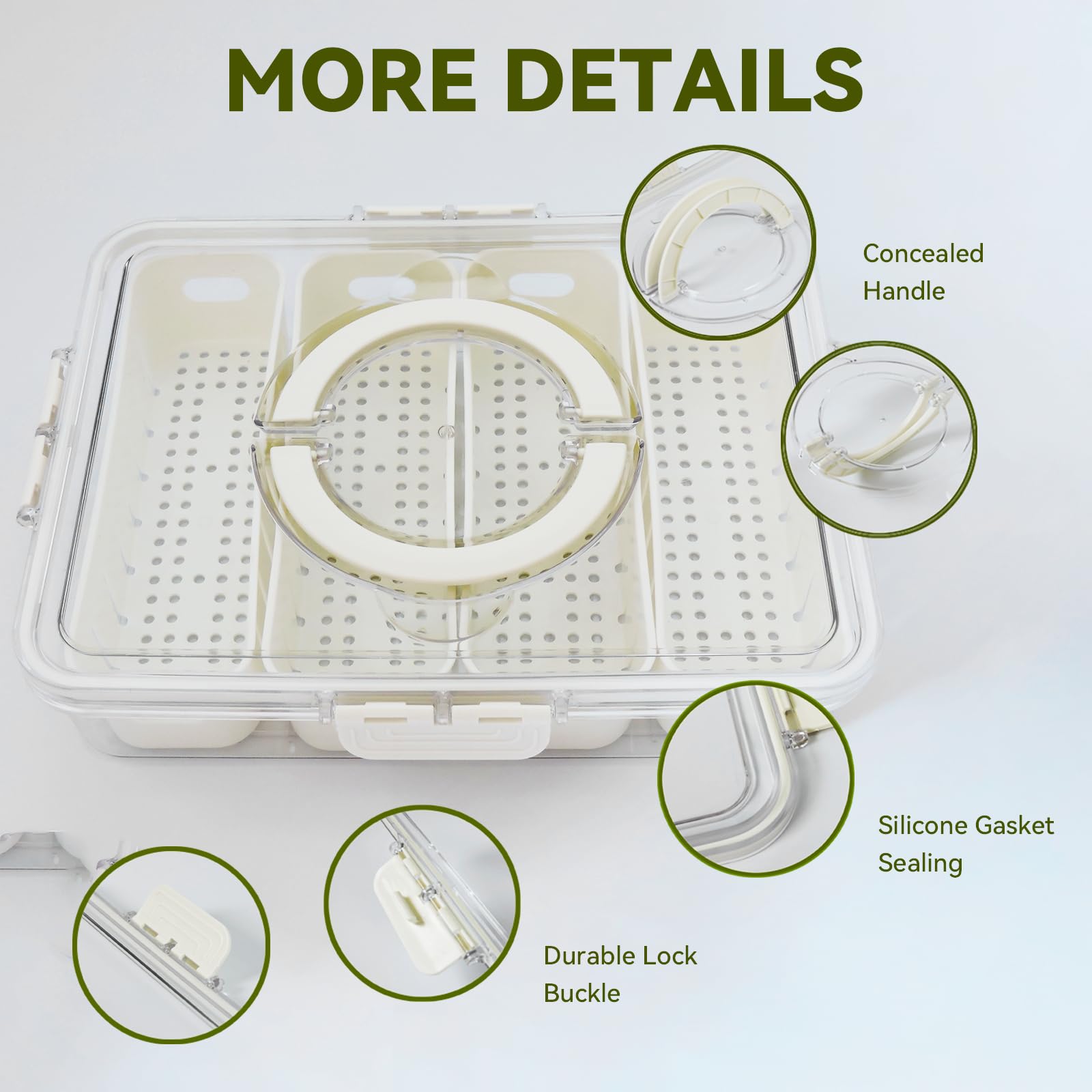 LEEHEZLY Food Storage Container for Fridge, Portable White Plastic BPA-free Box, Divided Serving Tray with Lids and Handle, Keep Fruits and Vegetables Fresh with 4 Removable Colanders (Short)