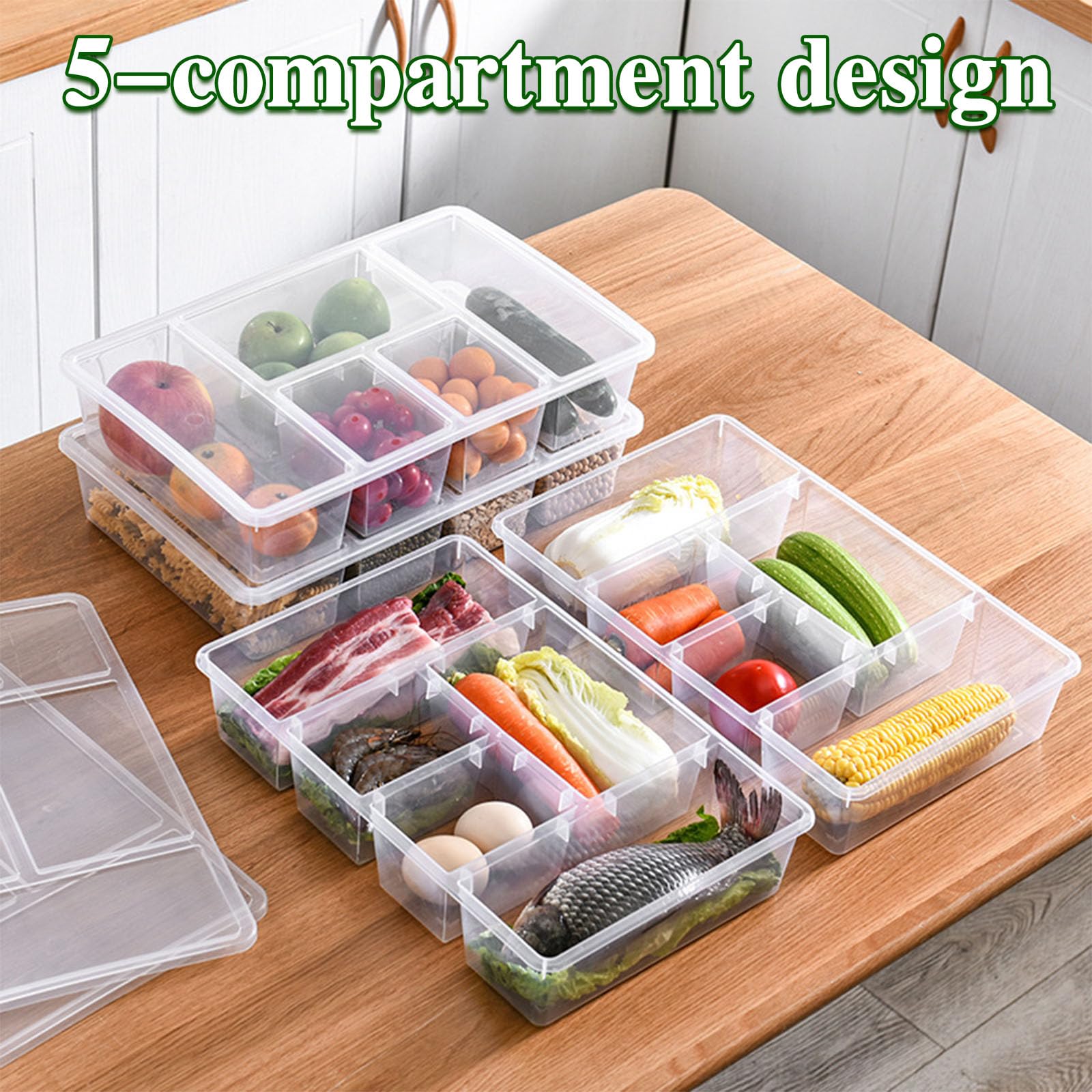 Haawooky 2 Pack Divided Veggie Tray with Lid,5 Compartment Serving Tray with Dividers,Plastic Food Storage Containers for Travel Fruit,Vegetable,Salad