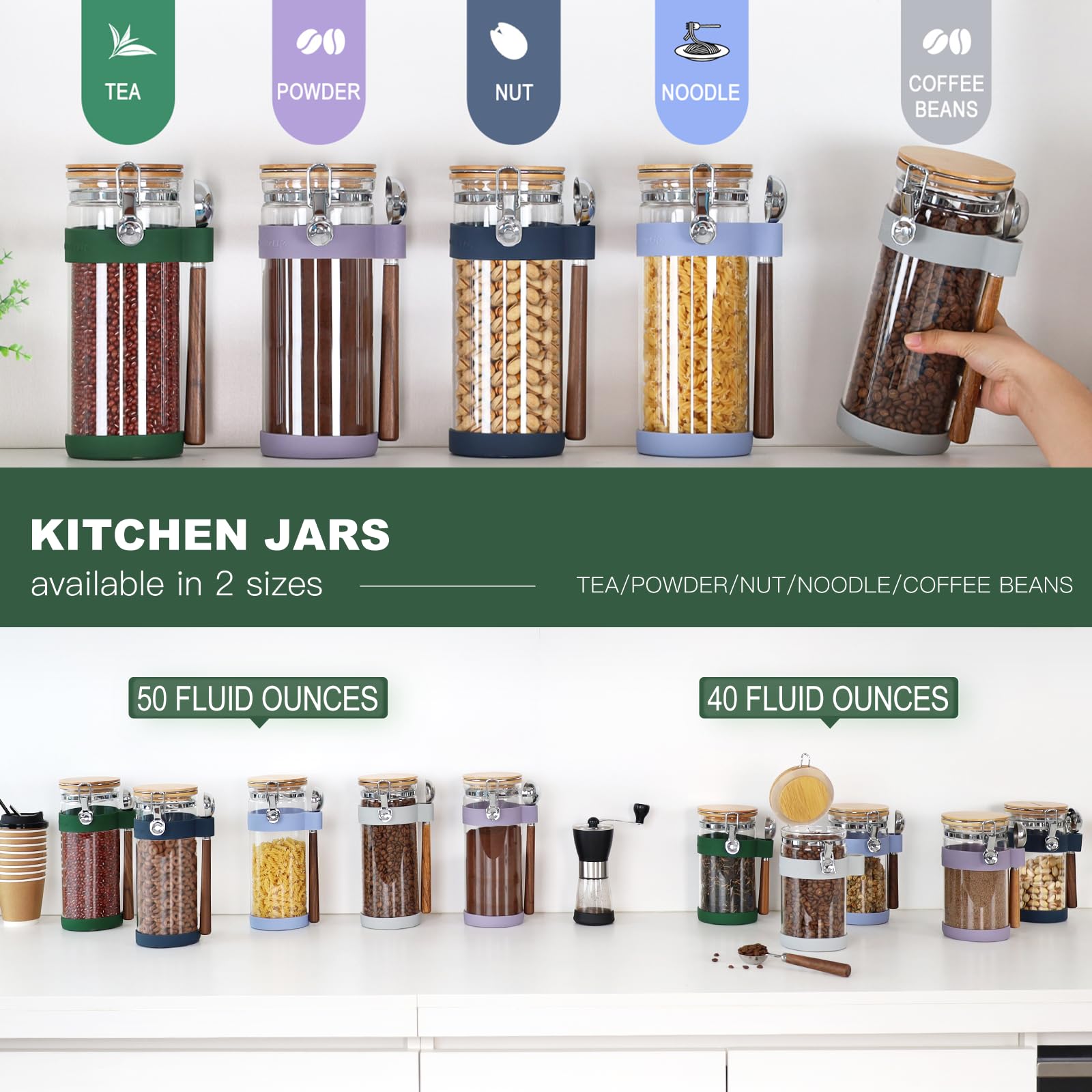 MR.BLACAT KKC Home Accents Clear Visible Glass Coffee Storage Jars with Bamboo Clamp Lid, Airtight Canister for Sugar,Salt,Coffee Beans,Loose Leaf Tea,Nuts,Pantry Organization – 50 Fl. Oz,Purple