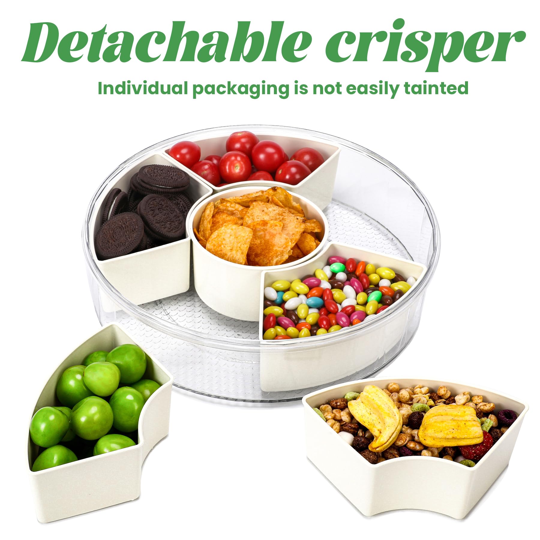 Divided Serving Tray with Lid, Handle, Spoon, and Fork - 2pack Portable Round 8-Compartment Snackle Box for Fruit, Veggie, Candy, Nuts, Picnic, Travel, Part
