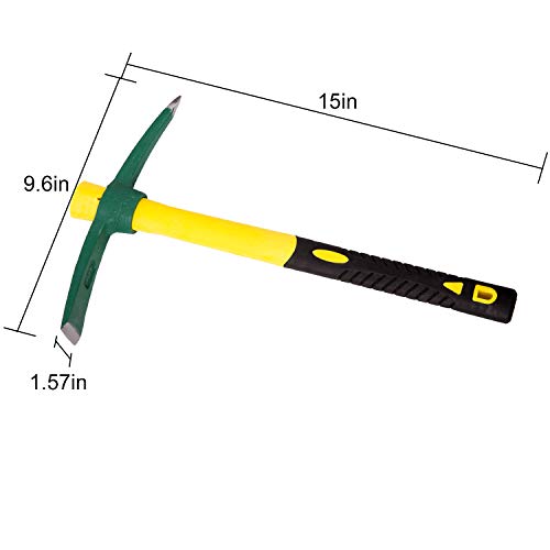 KINJOEK Pick Mattock Hoe, Forged Weeding Garden Pick Axe with 15 Inch Fiberglass Handle for Loosening Soil, Gardening, Camping or Prospecting