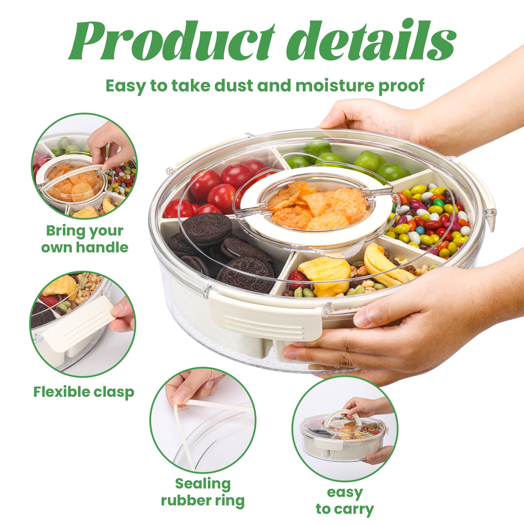 Divided Serving Tray with Lid, Handle, Spoon, and Fork - 2pack Portable Round 8-Compartment Snackle Box for Fruit, Veggie, Candy, Nuts, Picnic, Travel, Part