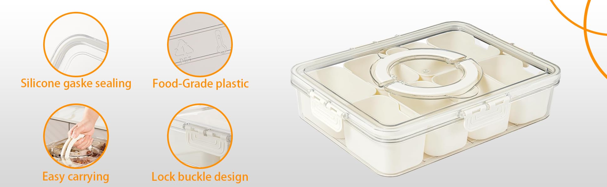 Kinnsto Snackle Box Container Meal Prep Divided Portion Serving Platters and Trays with Lid Handle Reusable Vacation Camping Travel Beach Essentials Food Fruit Veggie Organizers and Storage for Fridge