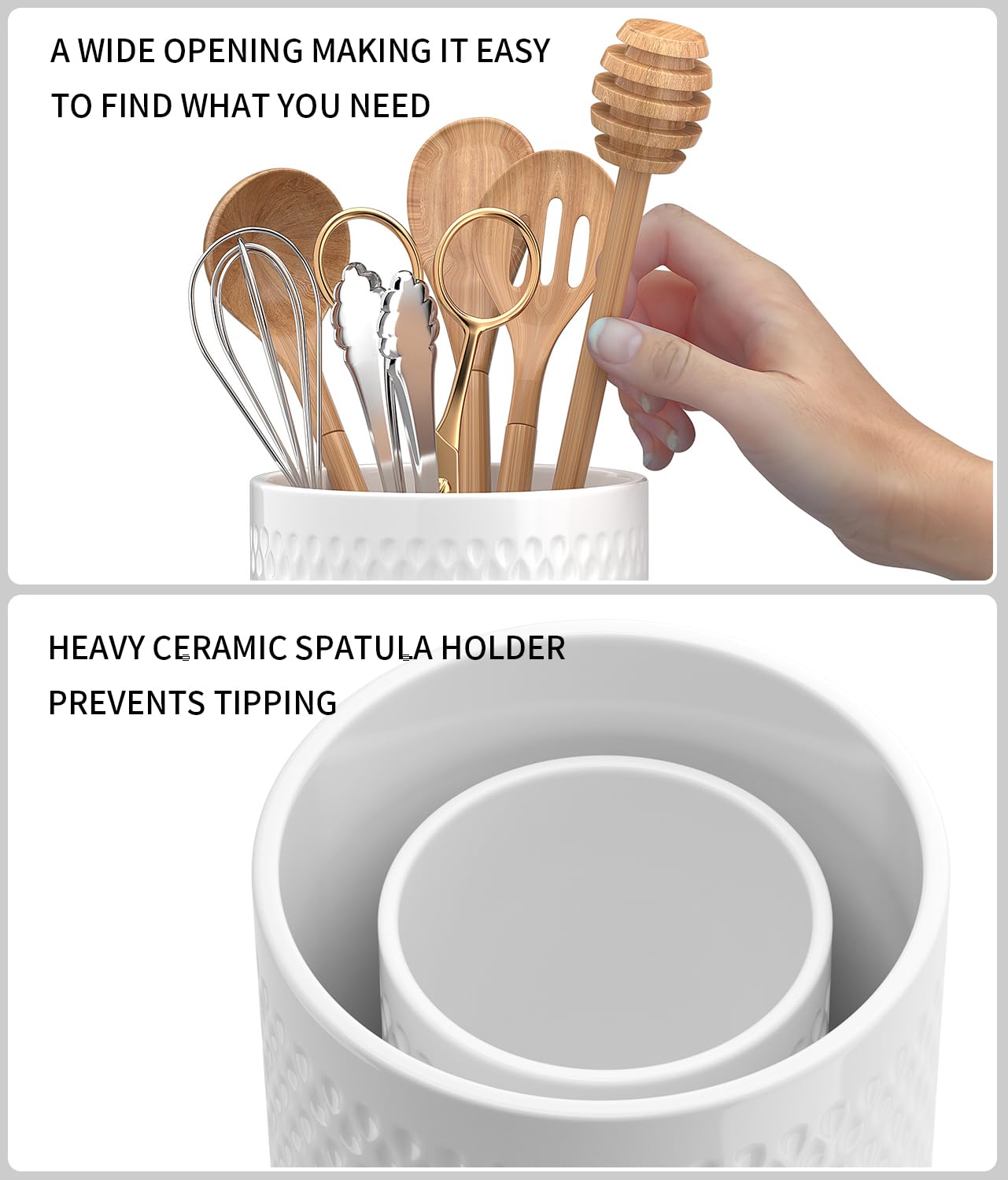 Kitchen Utensil Holder, 2 Pack Utensil Caddy, Ceramic Utensil Holder for Kitchen Counter, Large Spatula Holder, Cooking Utensil Organizer, Farmhouse Kitchen Decor for Silverware Spoon Utensil Crocks