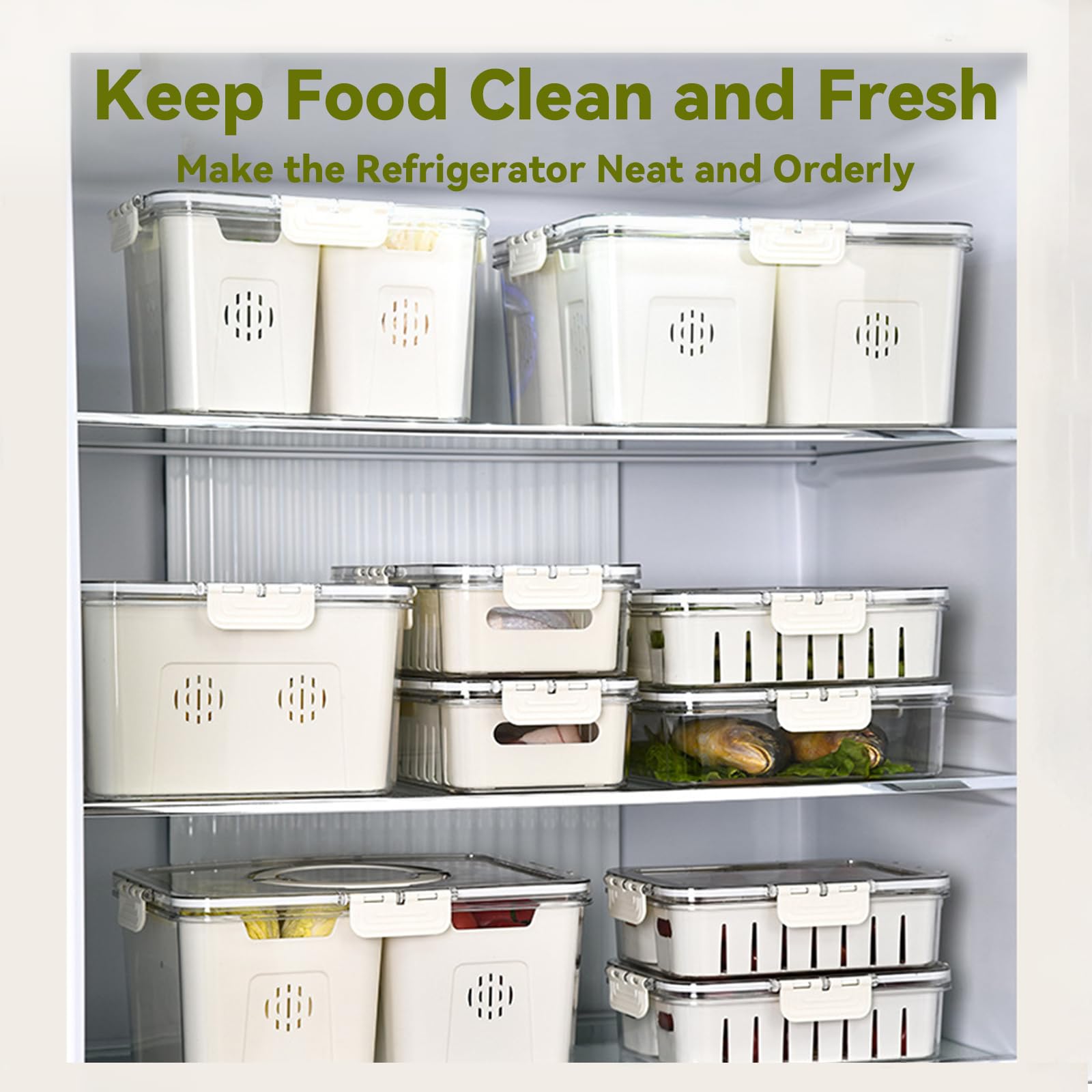LEEHEZLY Food Storage Container for Fridge, Portable White Plastic BPA-free Box, Divided Serving Tray with Lids and Handle, Keep Fruits and Vegetables Fresh with 4 Removable Colanders (Short)