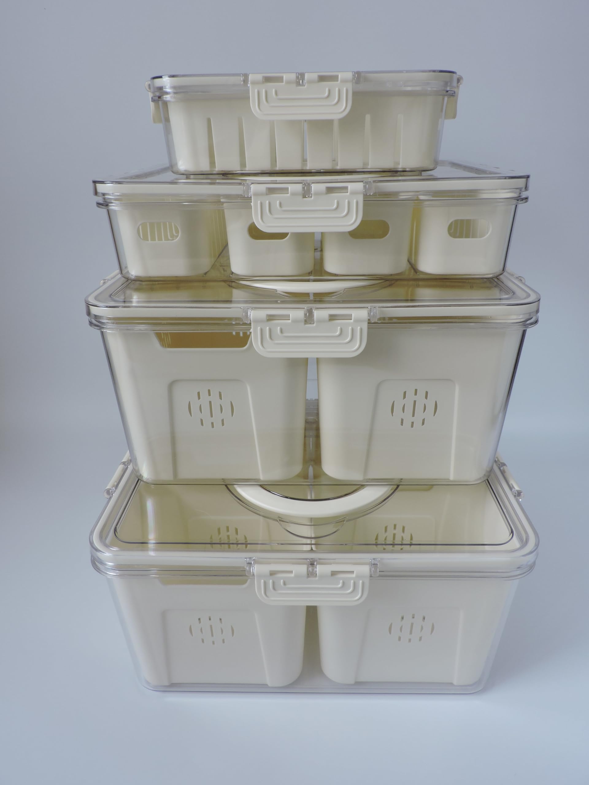 LEEHEZLY Food Storage Container for Fridge, Portable White Plastic BPA-free Box, Divided Serving Tray with Lids and Handle, Keep Fruits and Vegetables Fresh with 4 Removable Colanders (Short)