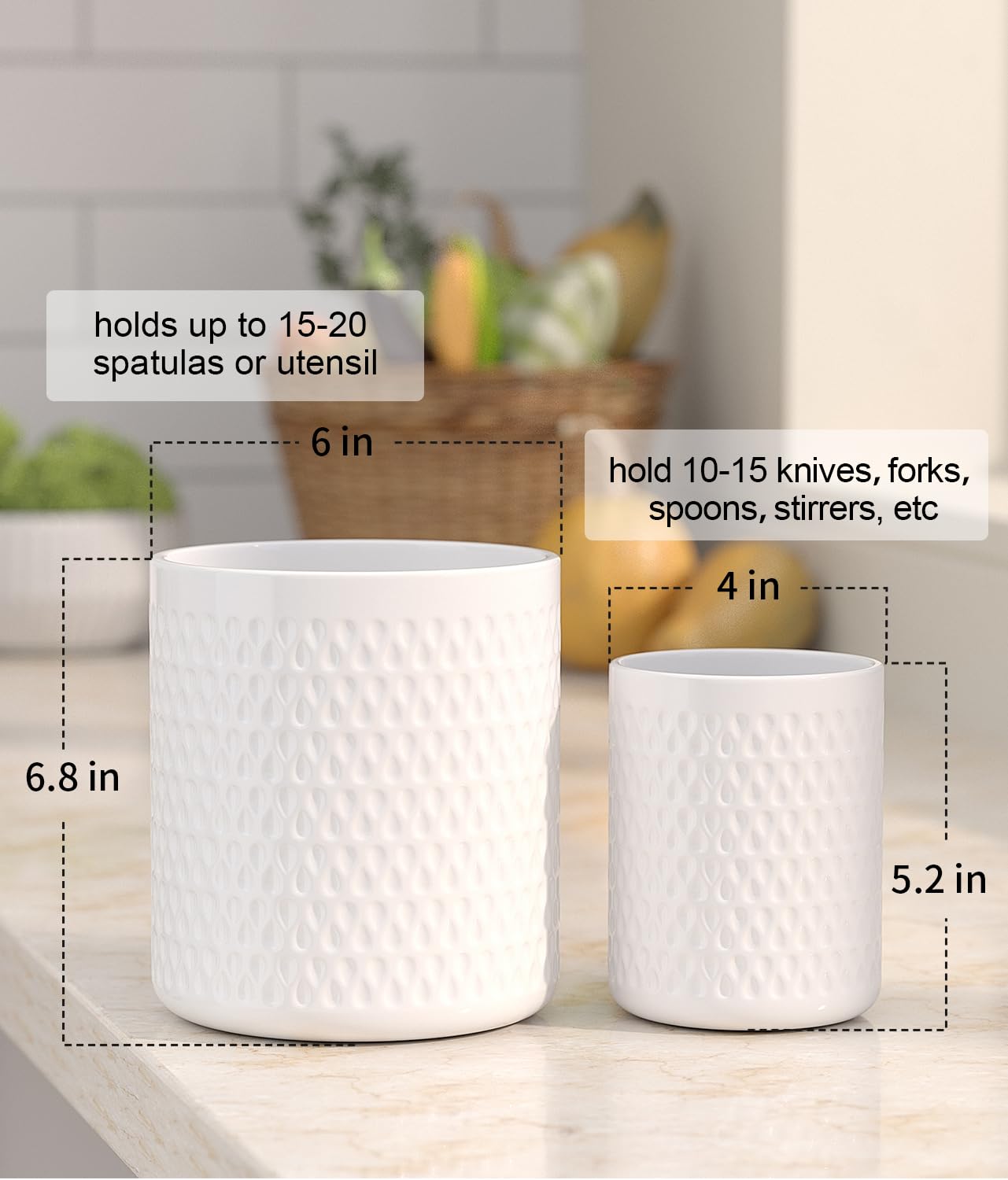 Kitchen Utensil Holder, 2 Pack Utensil Caddy, Ceramic Utensil Holder for Kitchen Counter, Large Spatula Holder, Cooking Utensil Organizer, Farmhouse Kitchen Decor for Silverware Spoon Utensil Crocks