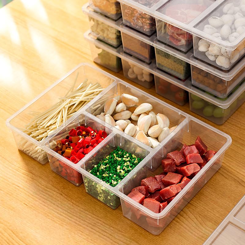 Haawooky 2 Pack Divided Veggie Tray with Lid,5 Compartment Serving Tray with Dividers,Plastic Food Storage Containers for Travel Fruit,Vegetable,Salad