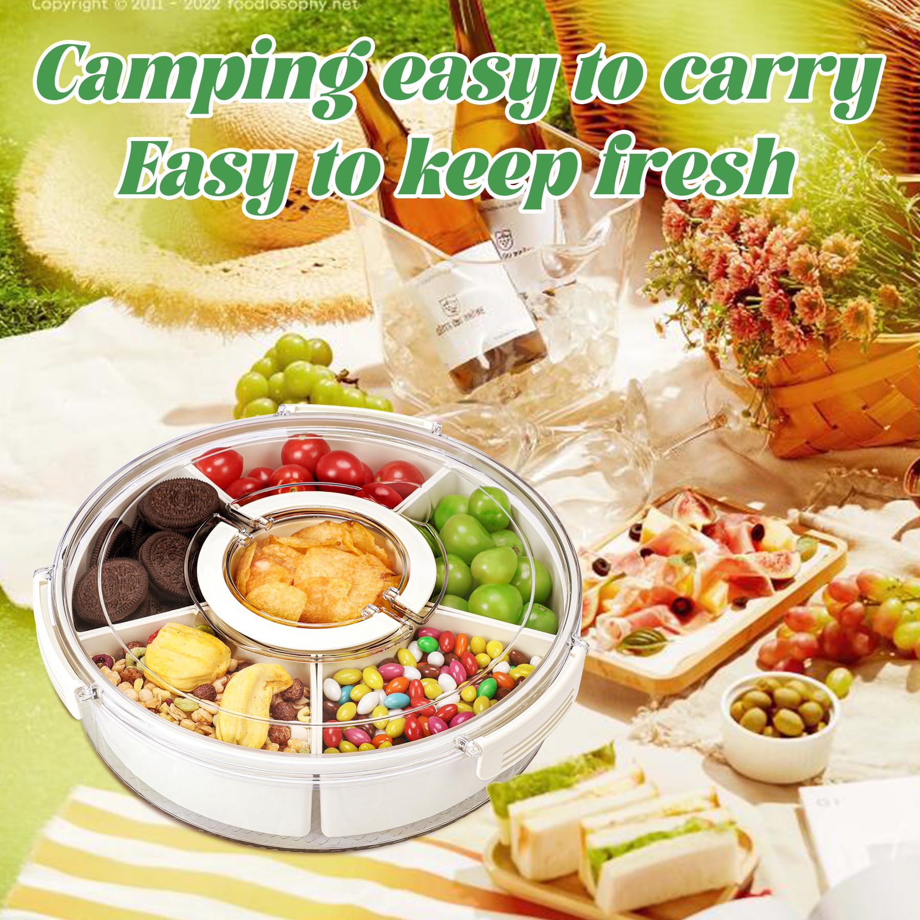 Divided Serving Tray with Lid, Handle, Spoon, and Fork - 2pack Portable Round 8-Compartment Snackle Box for Fruit, Veggie, Candy, Nuts, Picnic, Travel, Part