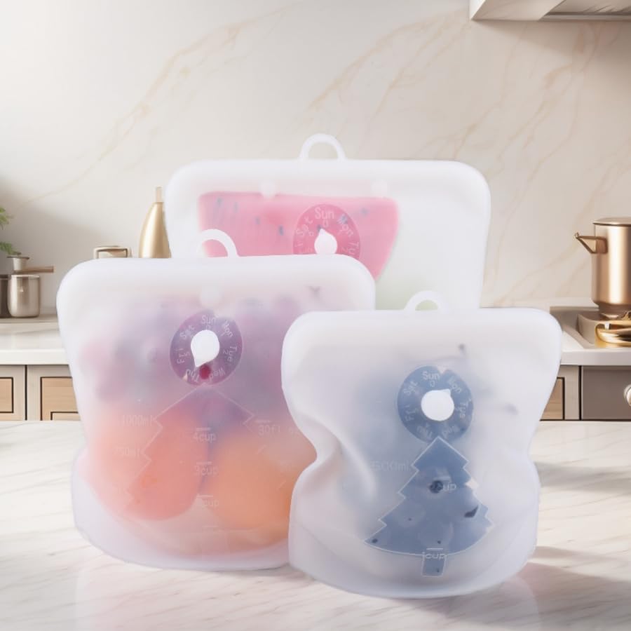 Reusable 100% Silicone Food Storage Bags, Freezer Storage Bags for Boil ,Heat and Microwave,3pack:50oz,33oz,17oz (transparent colour)
