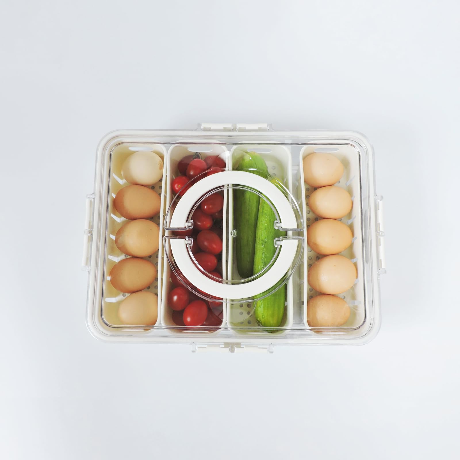LEEHEZLY Food Storage Container for Fridge, Portable White Plastic BPA-free Box, Divided Serving Tray with Lids and Handle, Keep Fruits and Vegetables Fresh with 4 Removable Colanders (Short)