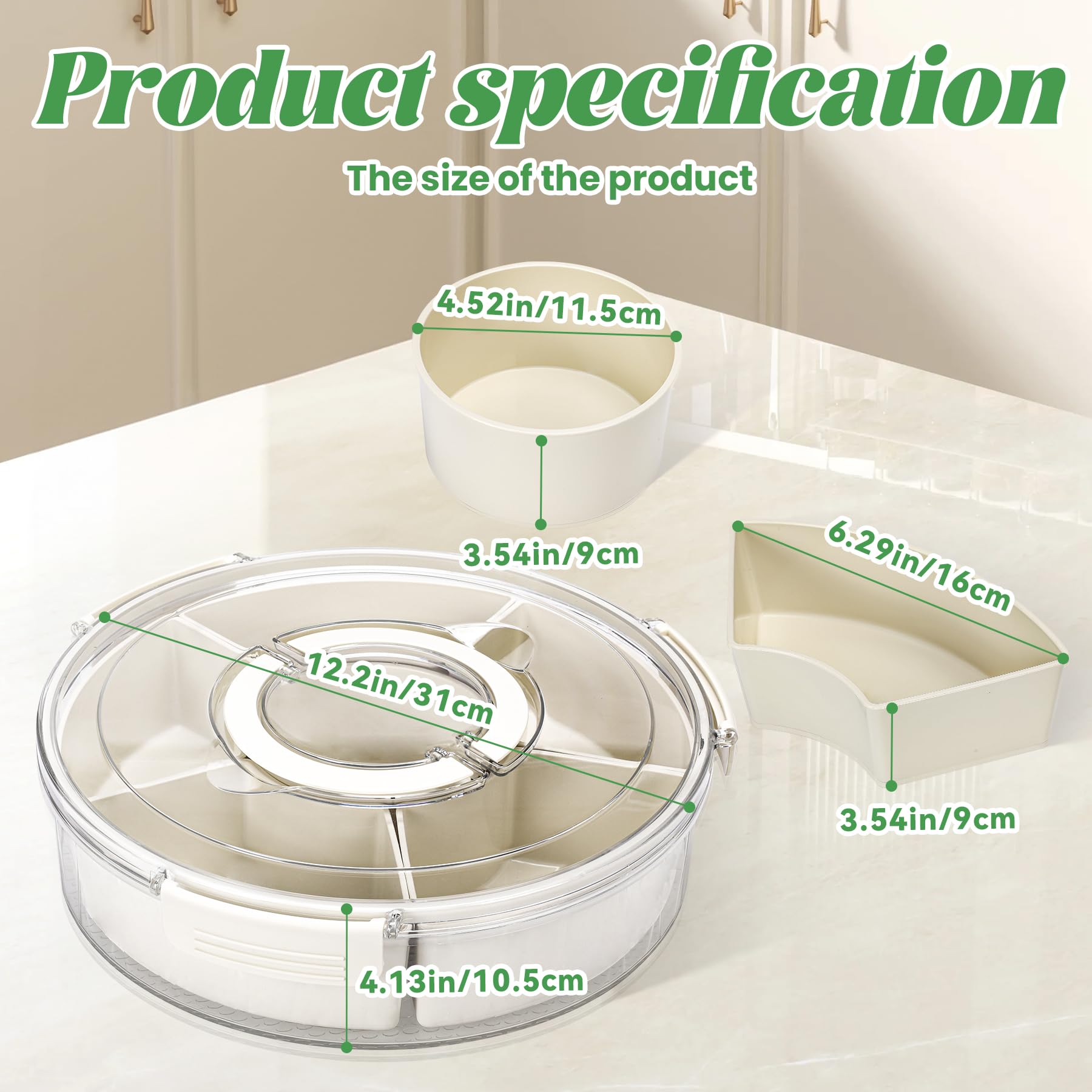 Divided Serving Tray with Lid, Handle, Spoon, and Fork - 2pack Portable Round 8-Compartment Snackle Box for Fruit, Veggie, Candy, Nuts, Picnic, Travel, Part