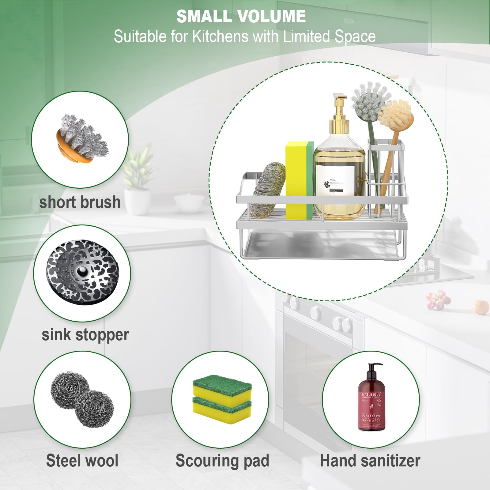 Youfala Kitchen Sink Caddy Sponge Holder for Kitchen Sink, Kitchen Sink Organzier and Storage with High Brush Holder, Rustproof 304 Stainless Kitchen Gadgets Dish Sponge Organizer (Lacquer Silver)