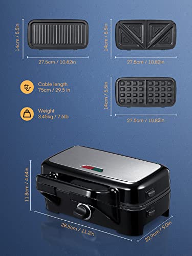 HOUSNAT 3 in 1 Sandwich Maker, Waffle Maker with Removable Plates, 1200W Panini Press with Interchangeable Non-Stick Plates, Indicator Lights, 5-gear Temperature Control, Silver/Black