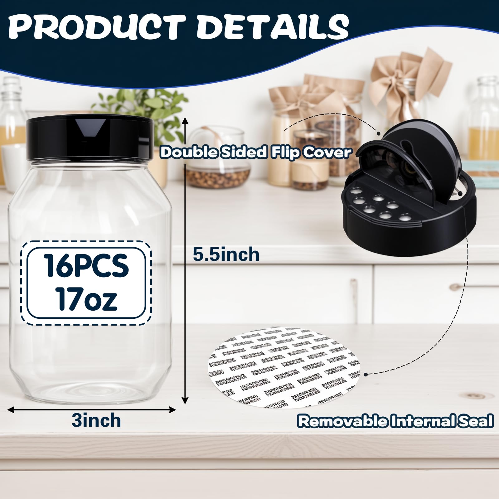 ZILAMGOO Dicunoy 16-Pack 17oz Plastic Spice Containers with Shaker Lids - Reusable Airtight Food Storage Jars for Spices, Powder, Bulk Pantry Organization (Clear PET, 500ml)