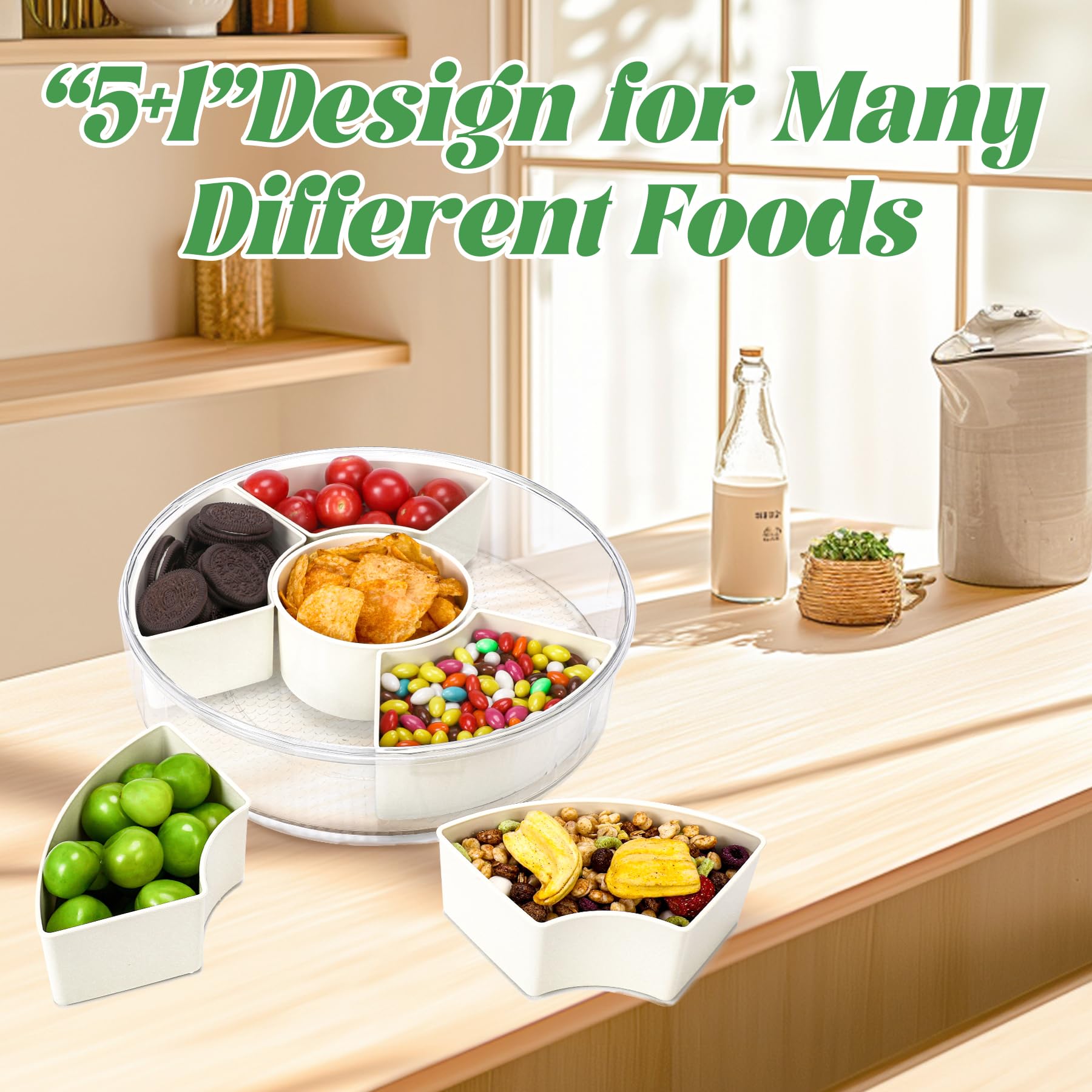 Divided Serving Tray with Lid, Handle, Spoon, and Fork - 2pack Portable Round 8-Compartment Snackle Box for Fruit, Veggie, Candy, Nuts, Picnic, Travel, Part