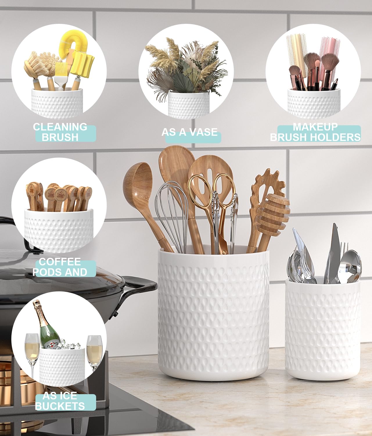 Kitchen Utensil Holder, 2 Pack Utensil Caddy, Ceramic Utensil Holder for Kitchen Counter, Large Spatula Holder, Cooking Utensil Organizer, Farmhouse Kitchen Decor for Silverware Spoon Utensil Crocks