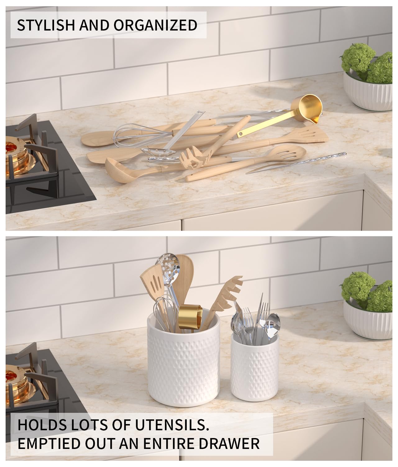 Kitchen Utensil Holder, 2 Pack Utensil Caddy, Ceramic Utensil Holder for Kitchen Counter, Large Spatula Holder, Cooking Utensil Organizer, Farmhouse Kitchen Decor for Silverware Spoon Utensil Crocks