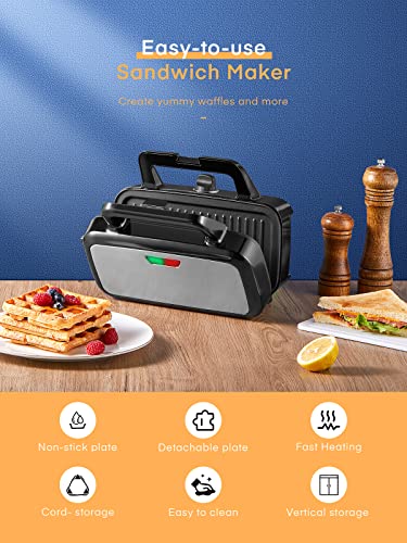 HOUSNAT 3 in 1 Sandwich Maker, Waffle Maker with Removable Plates, 1200W Panini Press with Interchangeable Non-Stick Plates, Indicator Lights, 5-gear Temperature Control, Silver/Black